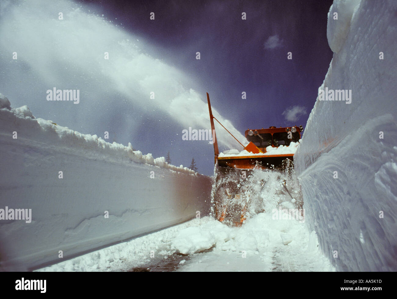 A rotary snowplow clears a road of its deep snowpack in Utah Stock ...