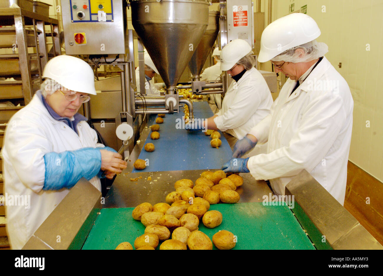 Baked potato production line at company making chilled ready meals in ...