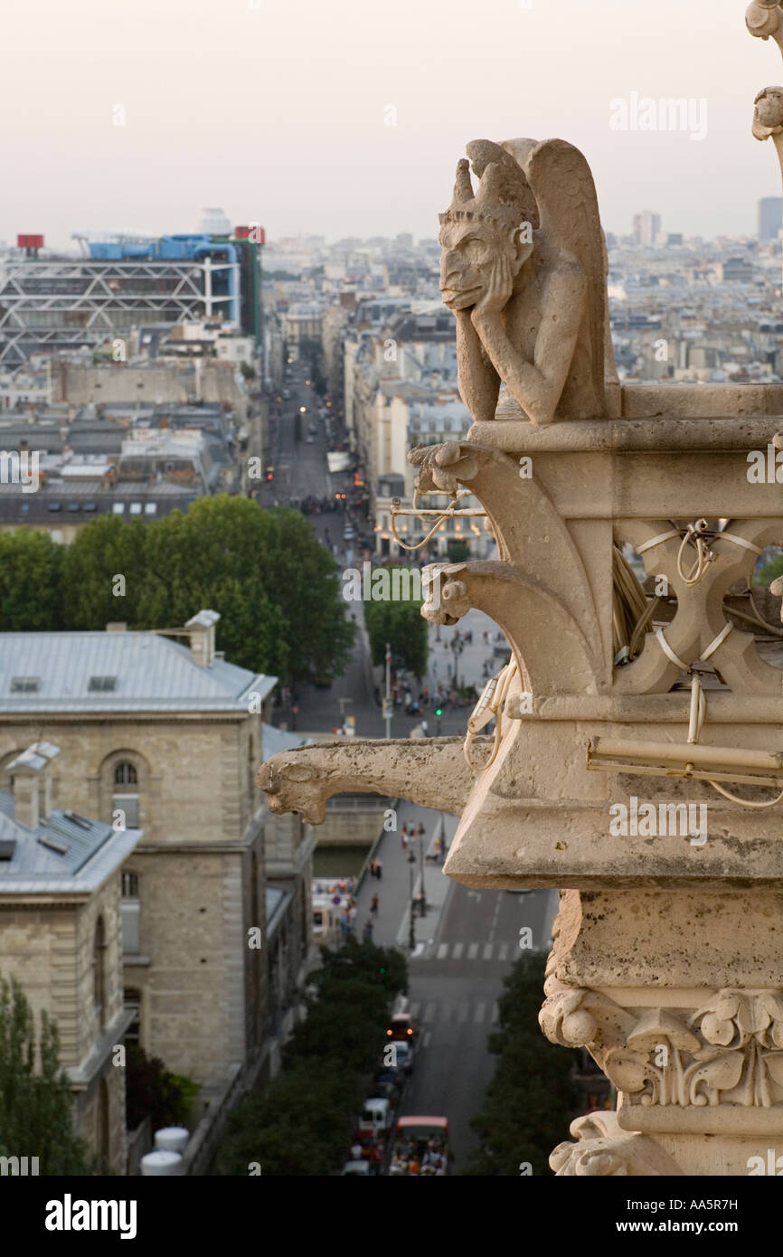Pris, France. The stryga gargoyle and city view, seen from Notre Dame ...