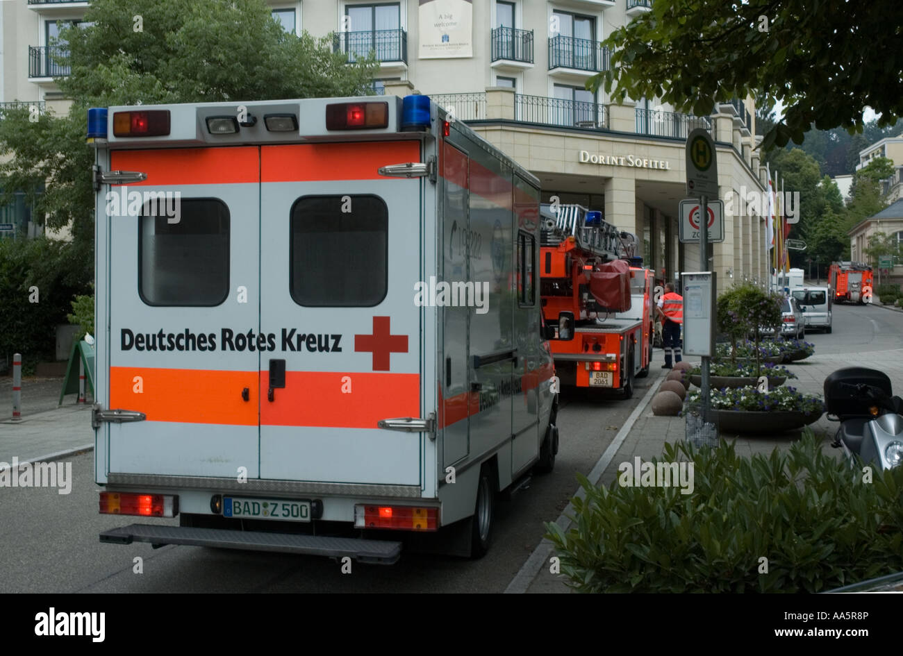 Red Cross Ambulance in Germany at a call out with fireladder in the ...