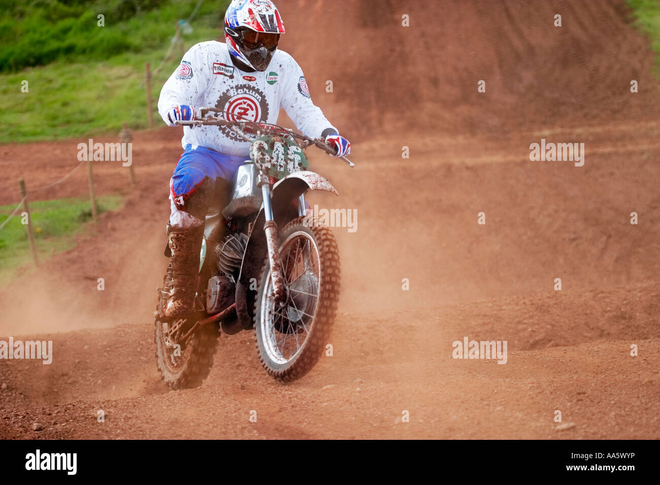 A rider on a scramble dirt bike in a race taken in south Devon England ...