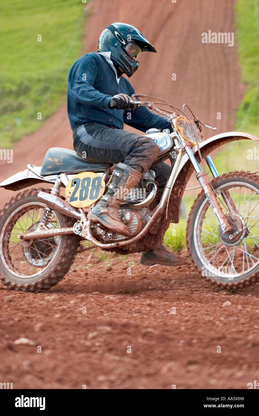 A rider on a scramble dirt bike in a race taken in south Devon England ...