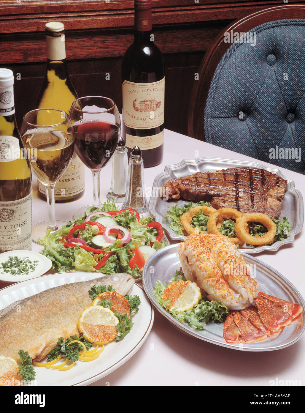 fine dining elegant restaurant whole trout lobster tails T bone sirloin ...