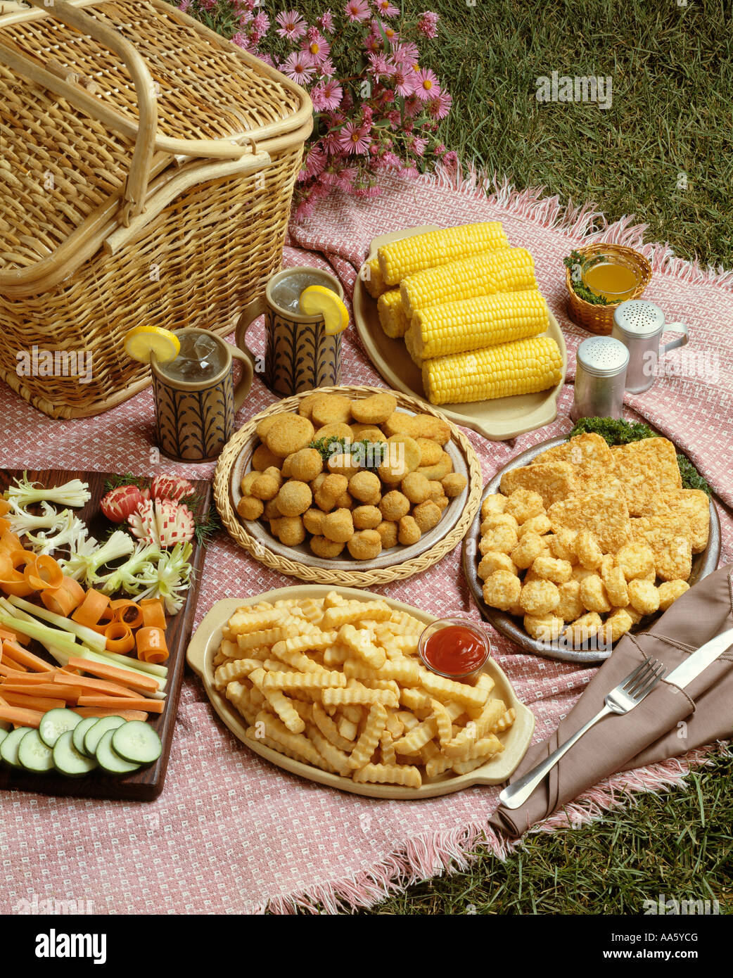 country style wicker picnic basket corn on cob fried mushrooms french ...