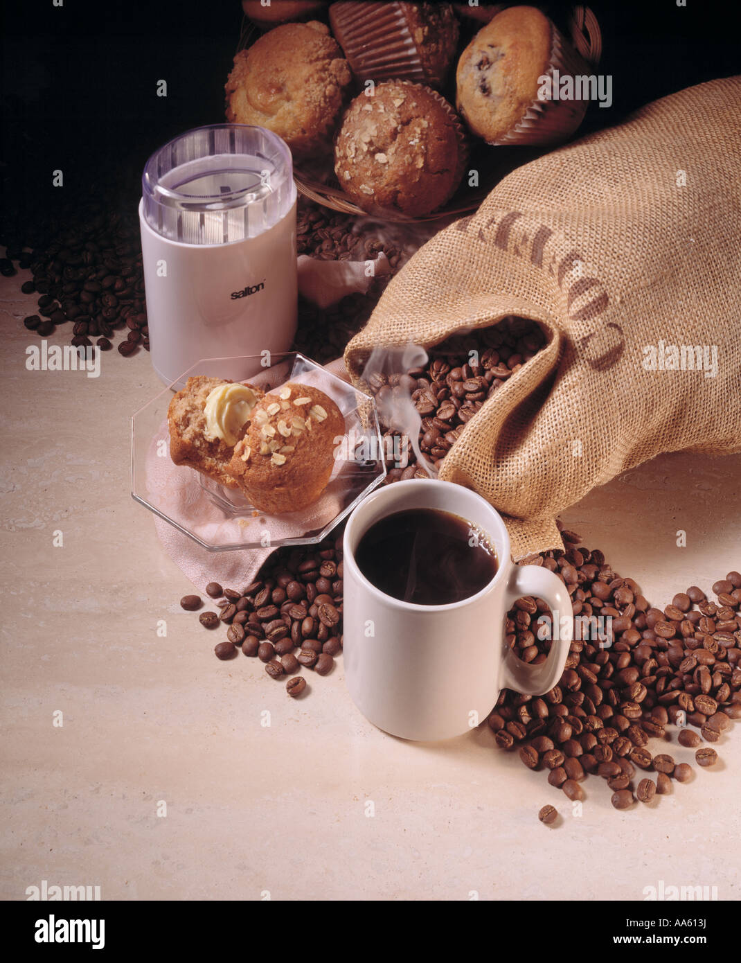 whole raw coffee beans burlap bag cup grinder muffins breakfast snack ...