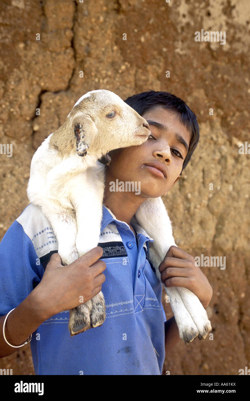 Indian child boy carrying white goat on shoulders, Kerala, India, Asia ...