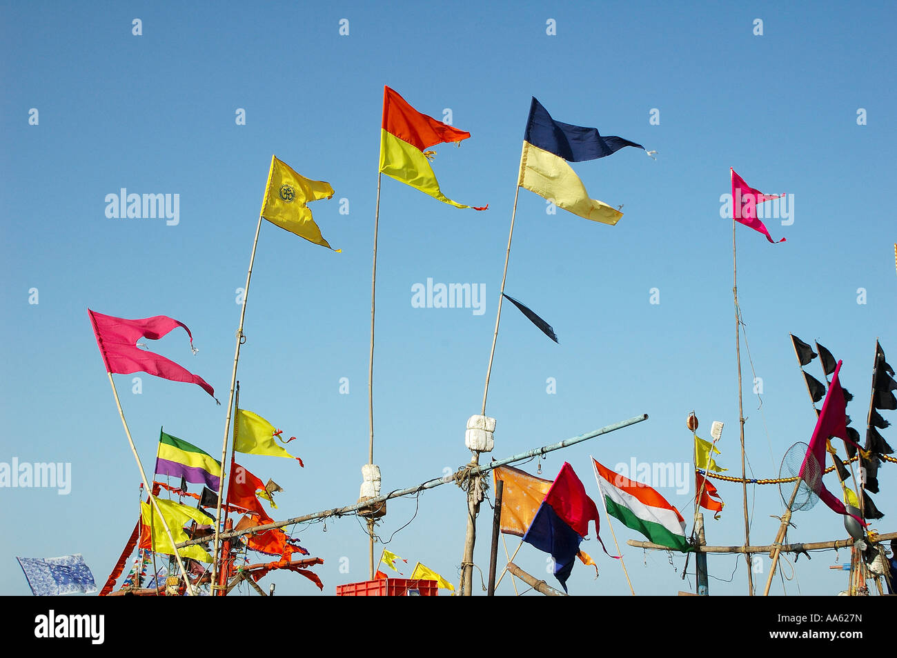 VEP104418 Indian flag and other colorful flags on ship and trawlers in ...