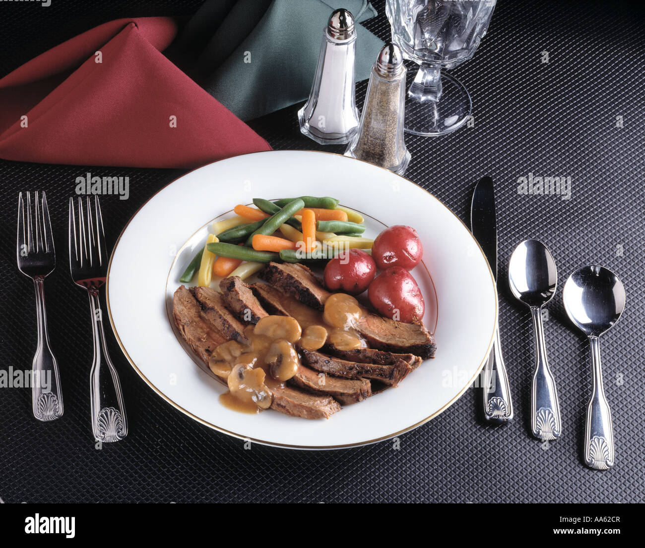 Fancy formal dining dinner plate slice london broil beef meat ...