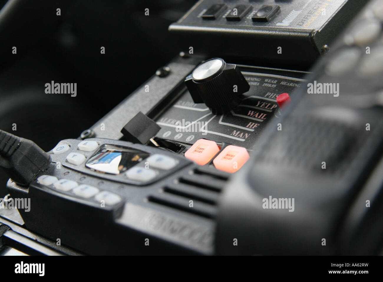 Close up detail of police car radio and emergency siren equipment Stock ...