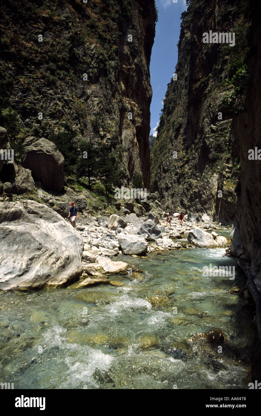 Trekking towards the exit of Samaria Gorge alongside a stream Stock ...