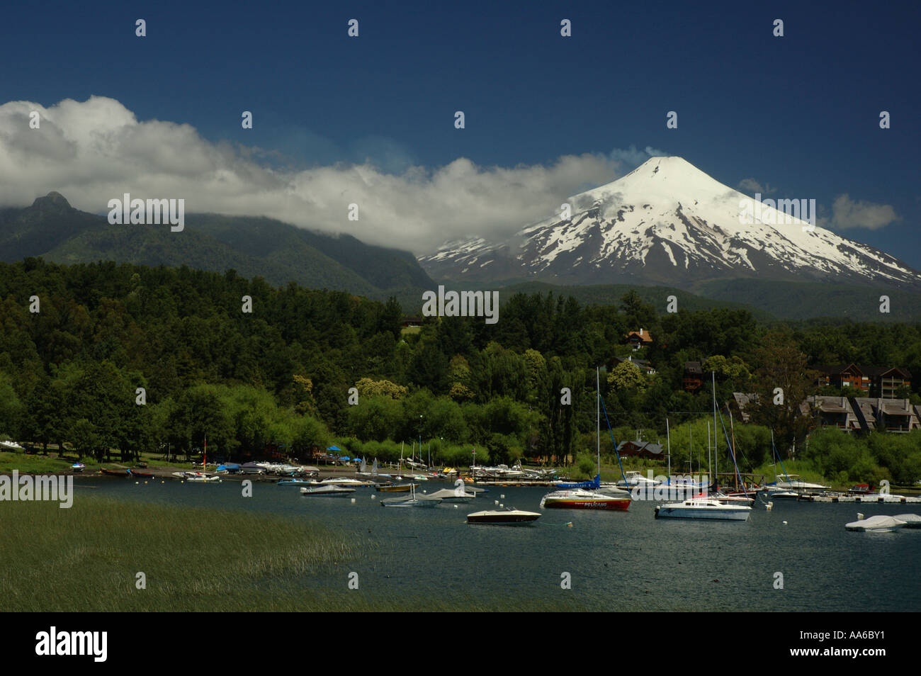 Pucon, Chile; Volcano Villarrica dominates the back drop Stock Photo ...