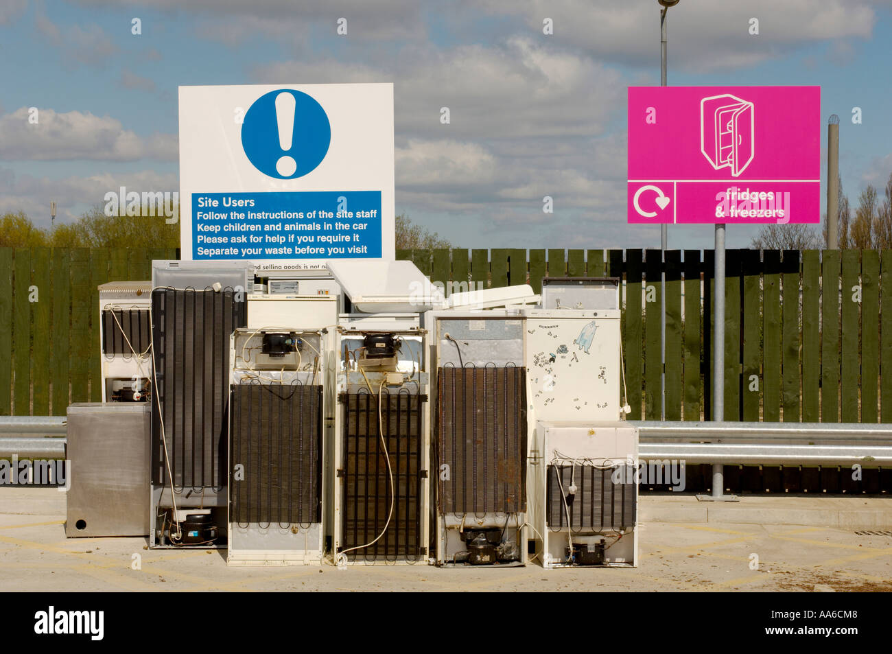Discarded fridges and freezers at a waste and recycling centre. UK ...