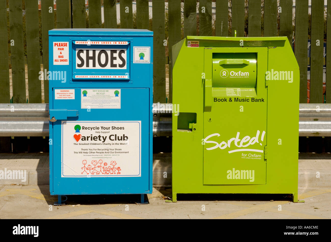 Shoe bank next to a book and music recycling bank at a waste and ...