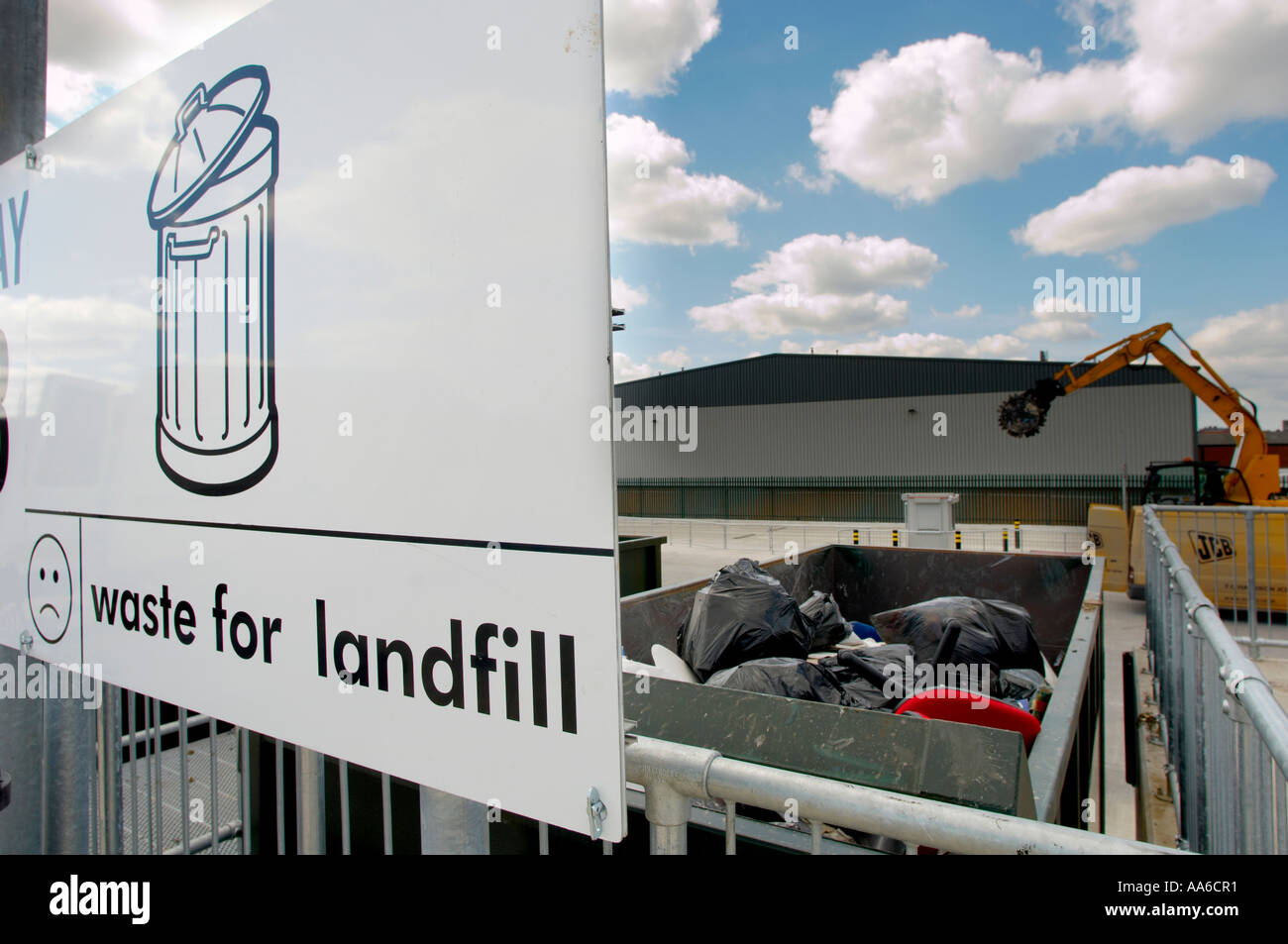 Waste for landfill sign with sad face icon, with a skip full of black ...