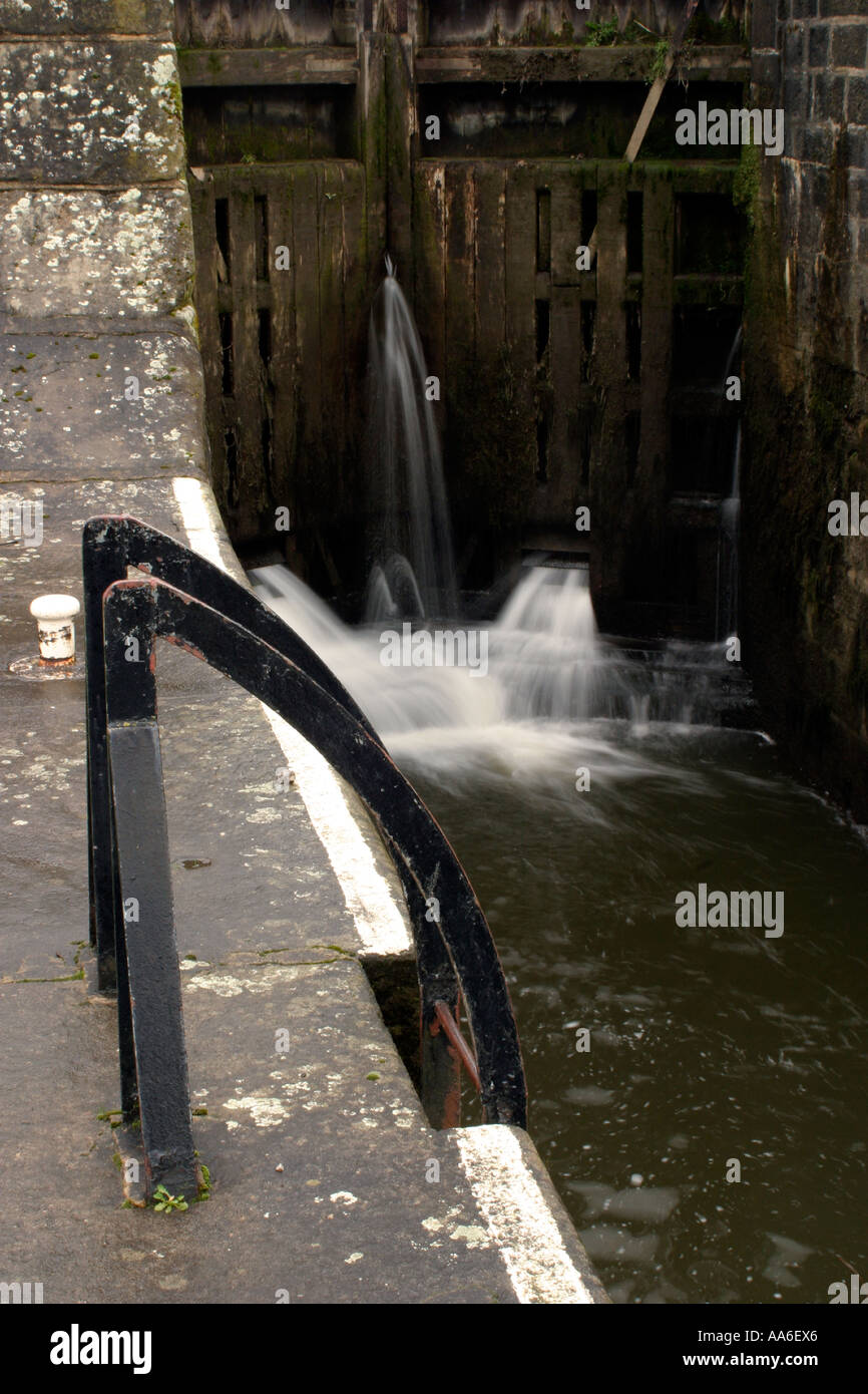 Three Rise Locks Bingley Detail of water through leaking sluices of ...
