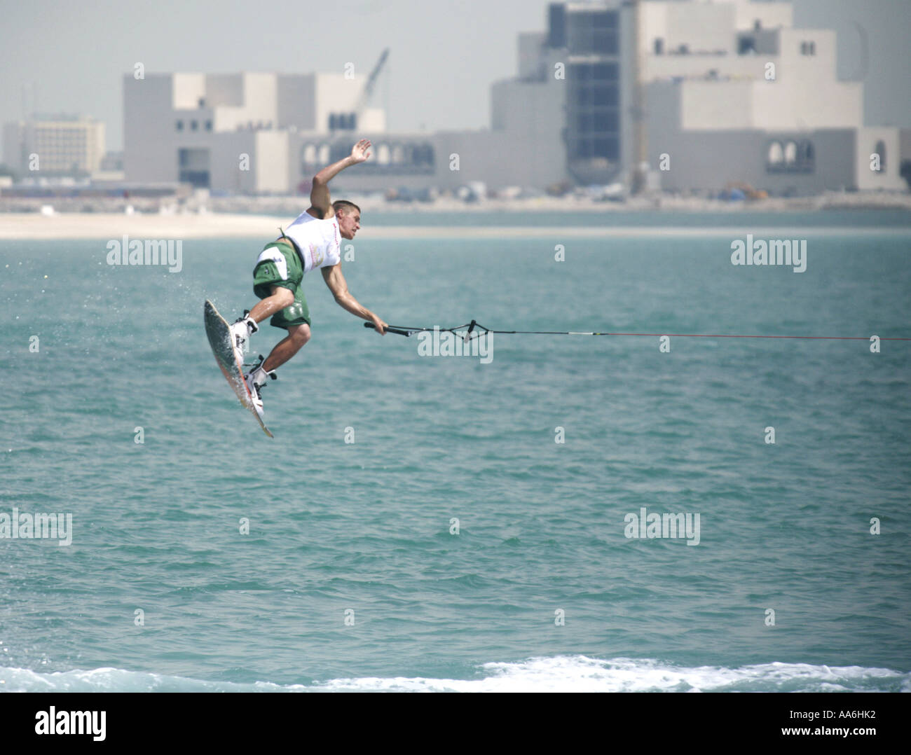 Professional American wakeboarder Keith Lindberg in action at the Doha ...
