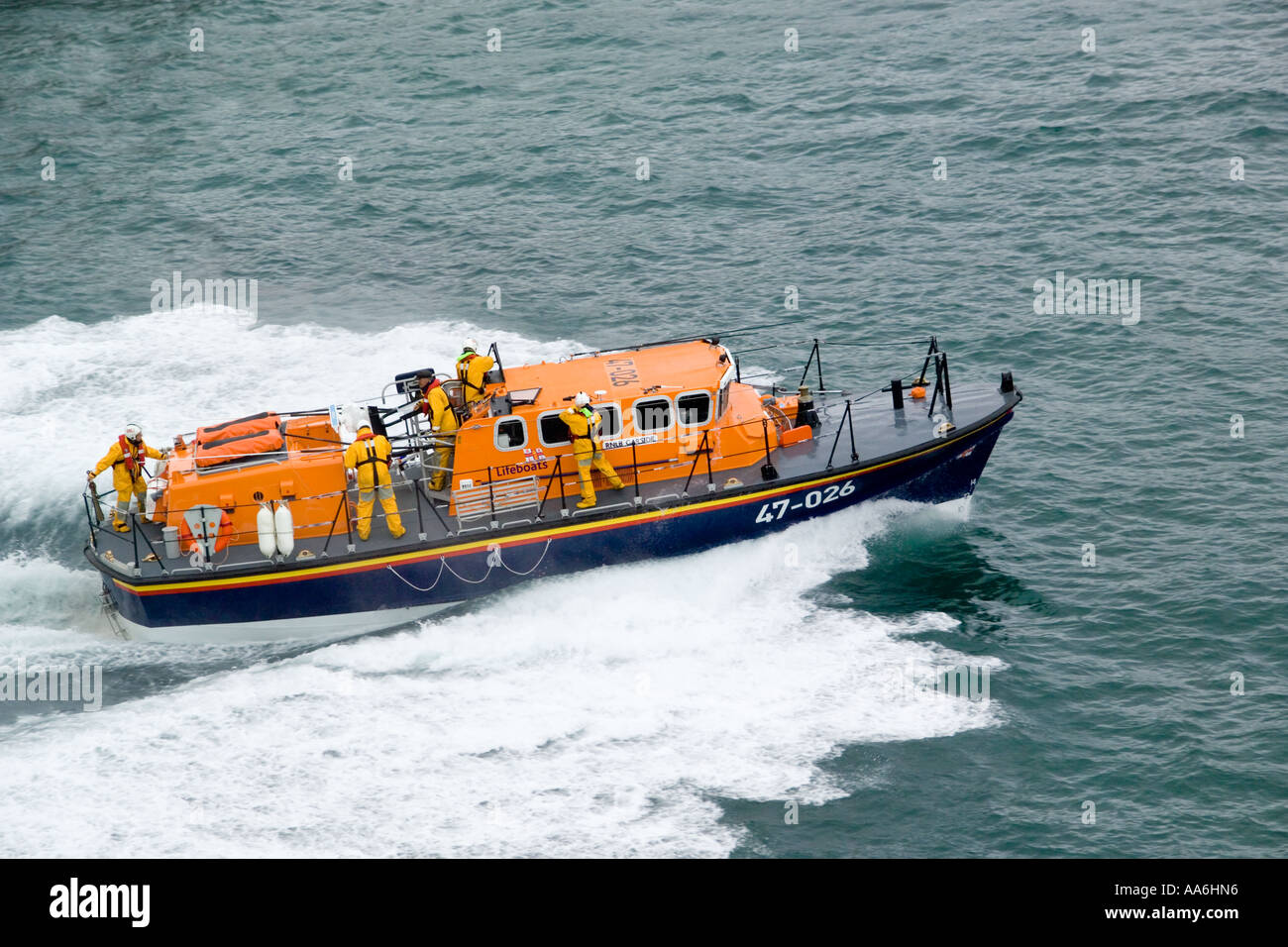 Launching the St Davids lifeboat at St Justinian, Pembrokeshire, Wales ...