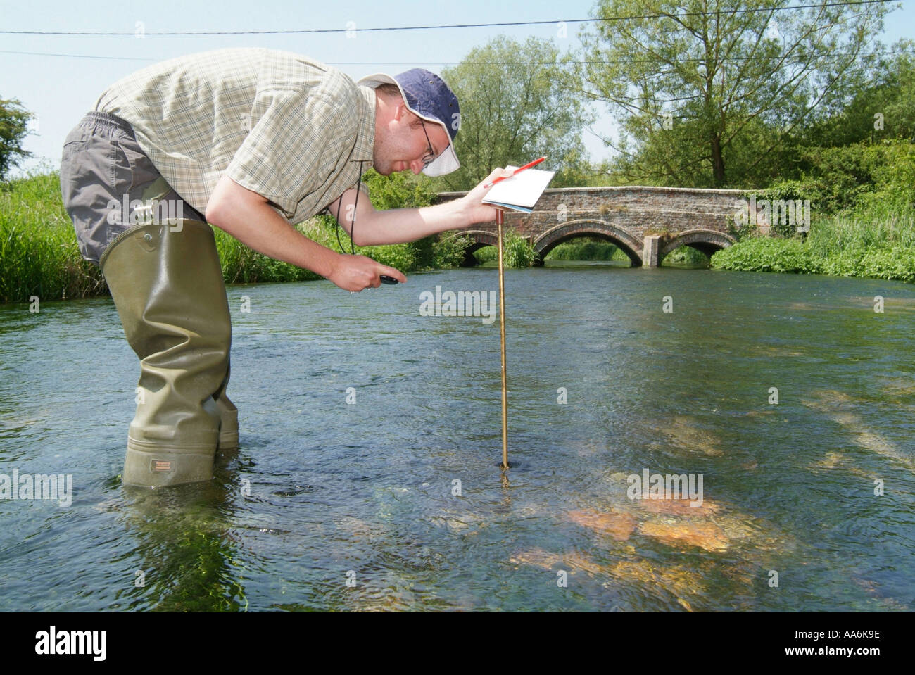 Scientist measuring the flow velocity of the river Lambourn in ...