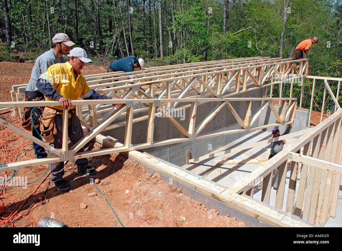 Rough framing crew from Mexico and Guadamala working in Atlanta USA on ...