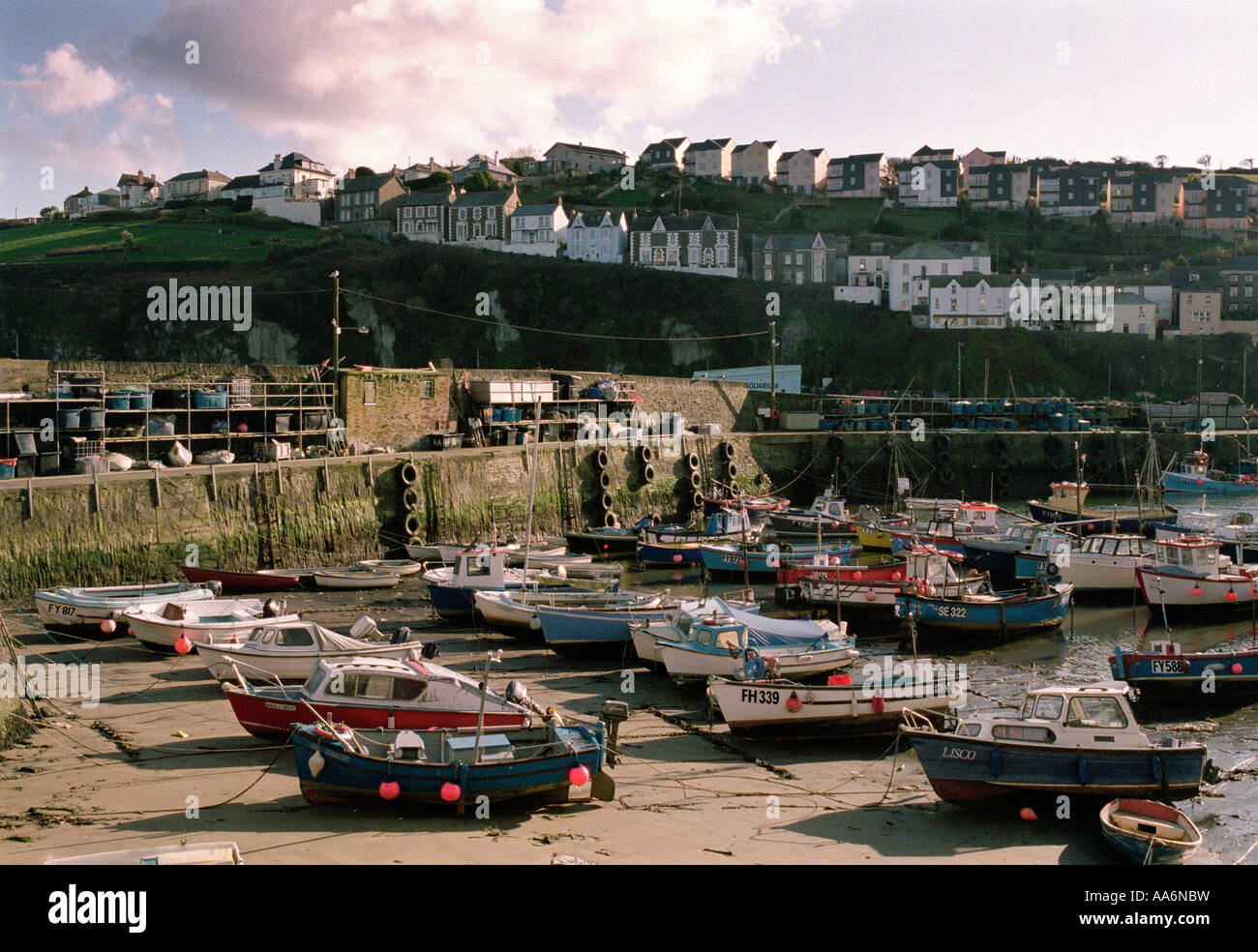 Traditional Cornish harbour at lowtide with fishing boats tied to ...