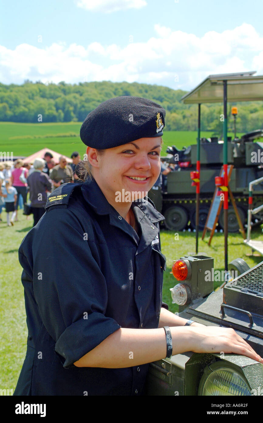 Female soldier of the Royal Tank Regiment at a recruiting exhibition ...