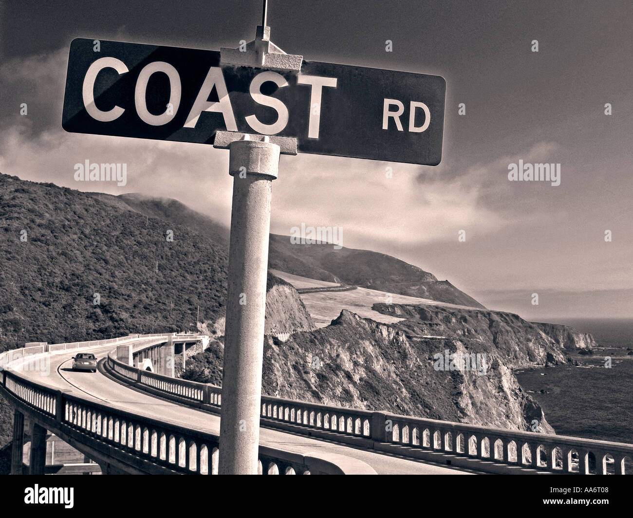HIGHWAY ONE Coast Road sign at Bixby Bridge Big Sur coastline Monterey ...