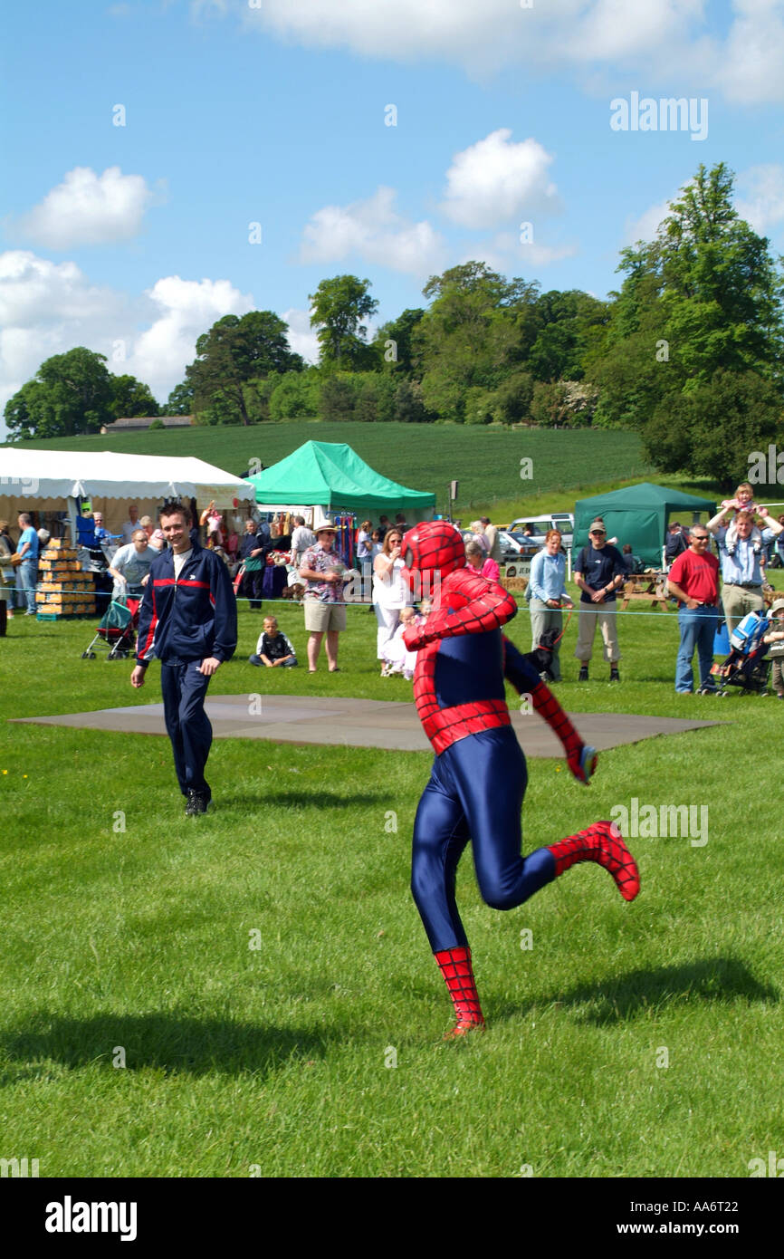 Adult male dressed in a Spiderman costume performing stunts Stock Photo ...