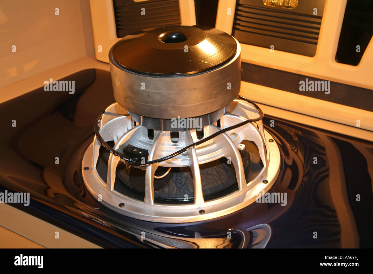subwoofer loud speaker custom fitted in the boot of a modified car ...