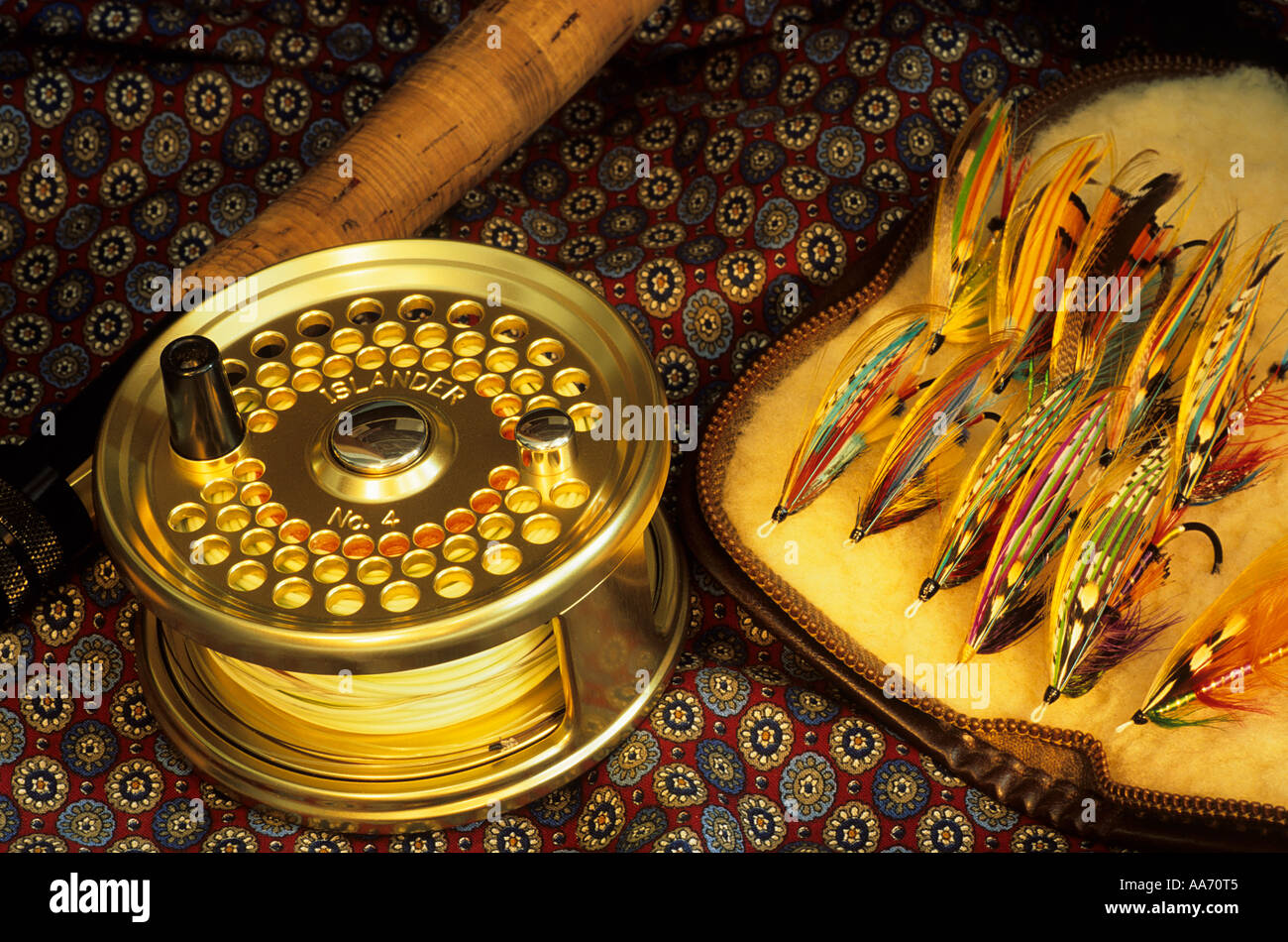 Flyfishing still life with reel and flies Stock Photo - Alamy