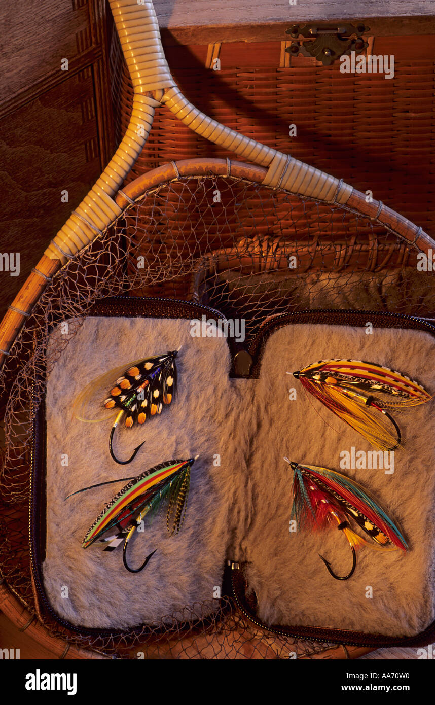 Flyfishing still life of antique net with atlantic salmon flies Stock ...