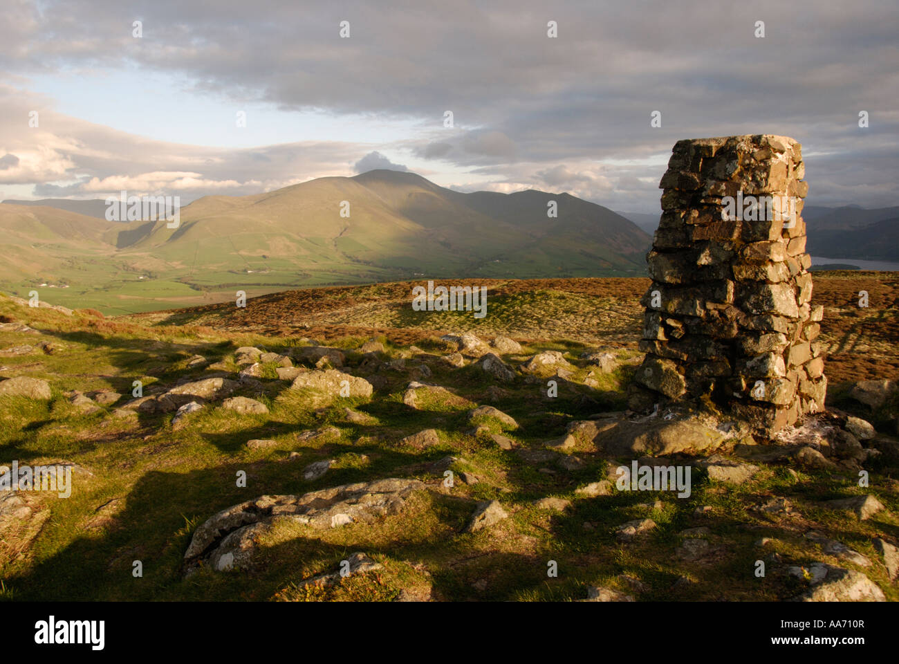 Trig point on summit of Binsey Lake District England with Skiddaw ...