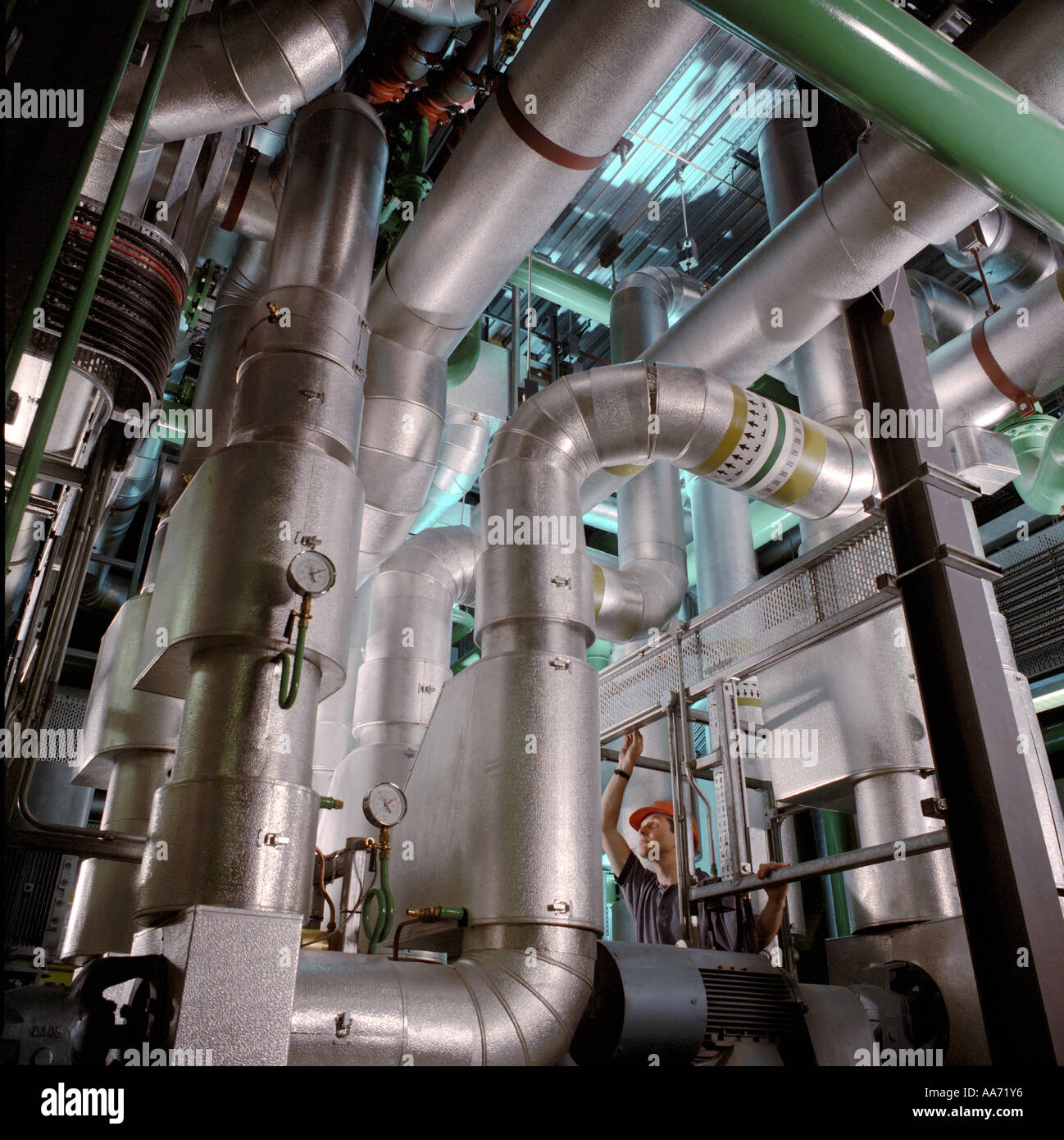 City office block plant room showing pipework for boilers and air ...