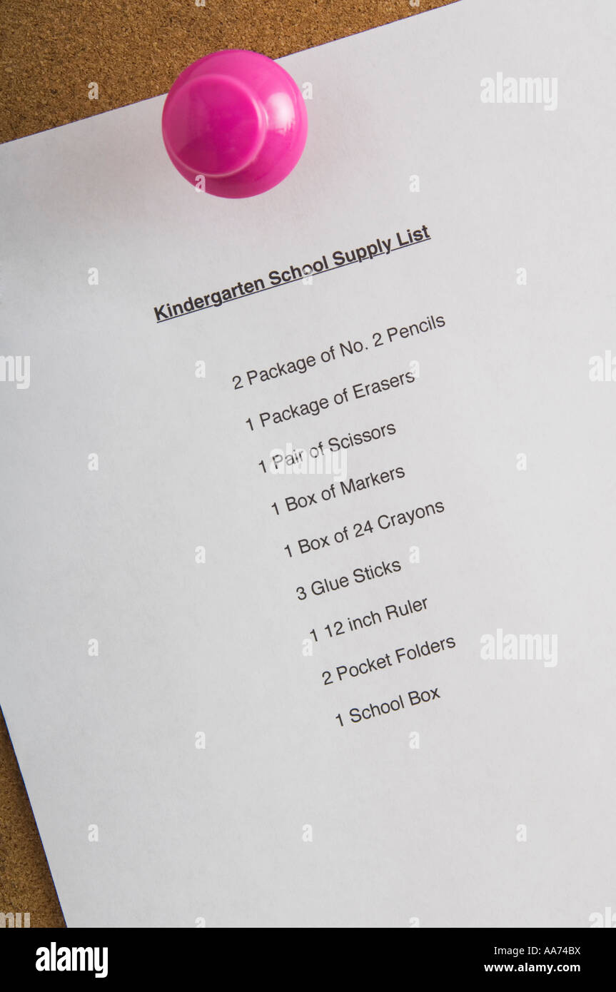 Kindergarten school supplies list Stock Photo - Alamy