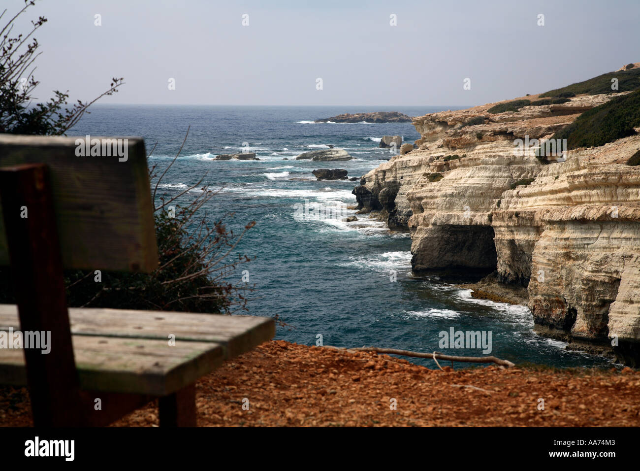 Seat Overlooking Sea and Cliffs at Sea Caves View Western Cyprus Stock ...
