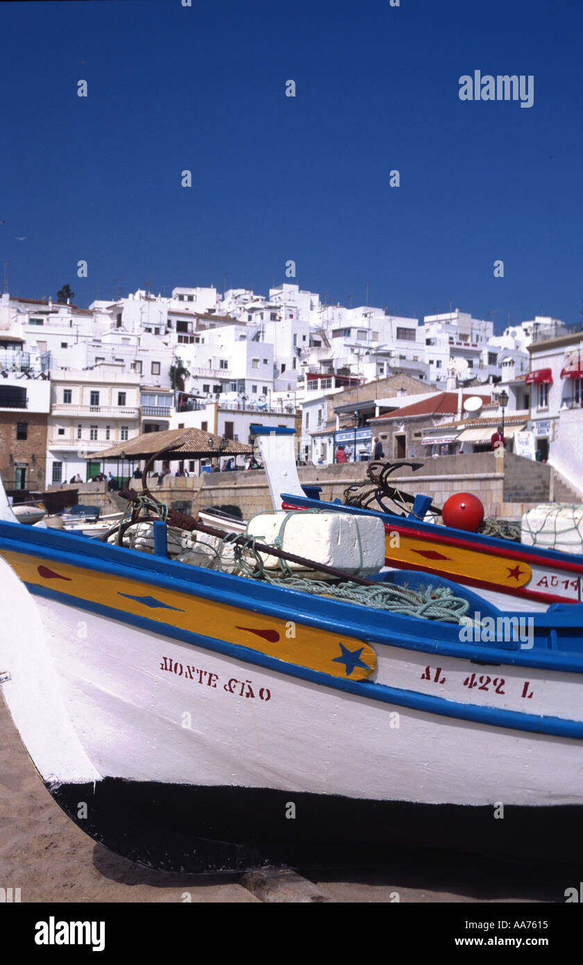 Portugal Algarve Albufeira city beach boat fishing harbour Stock Photo ...