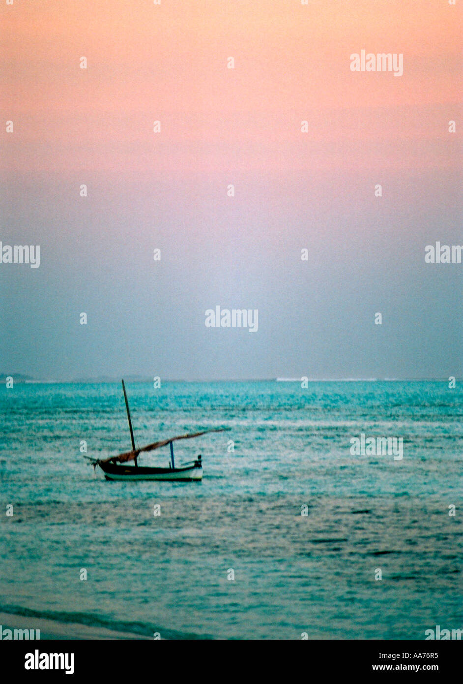 Traditional dhoni boat moored on beautiful blue sea against pastel pink ...