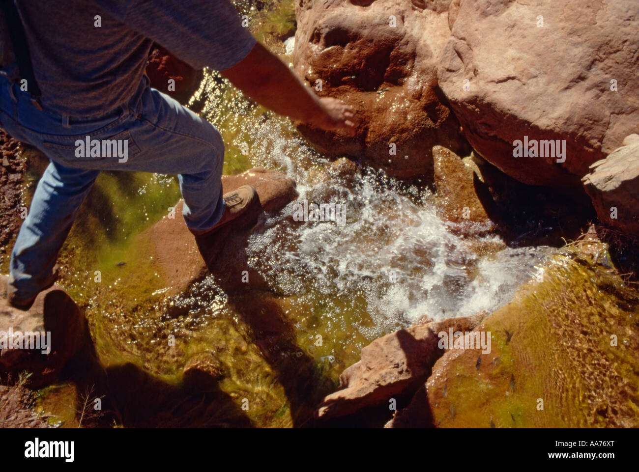 Photograph of a Hiker Stepping across a Stream Stock Photo - Alamy