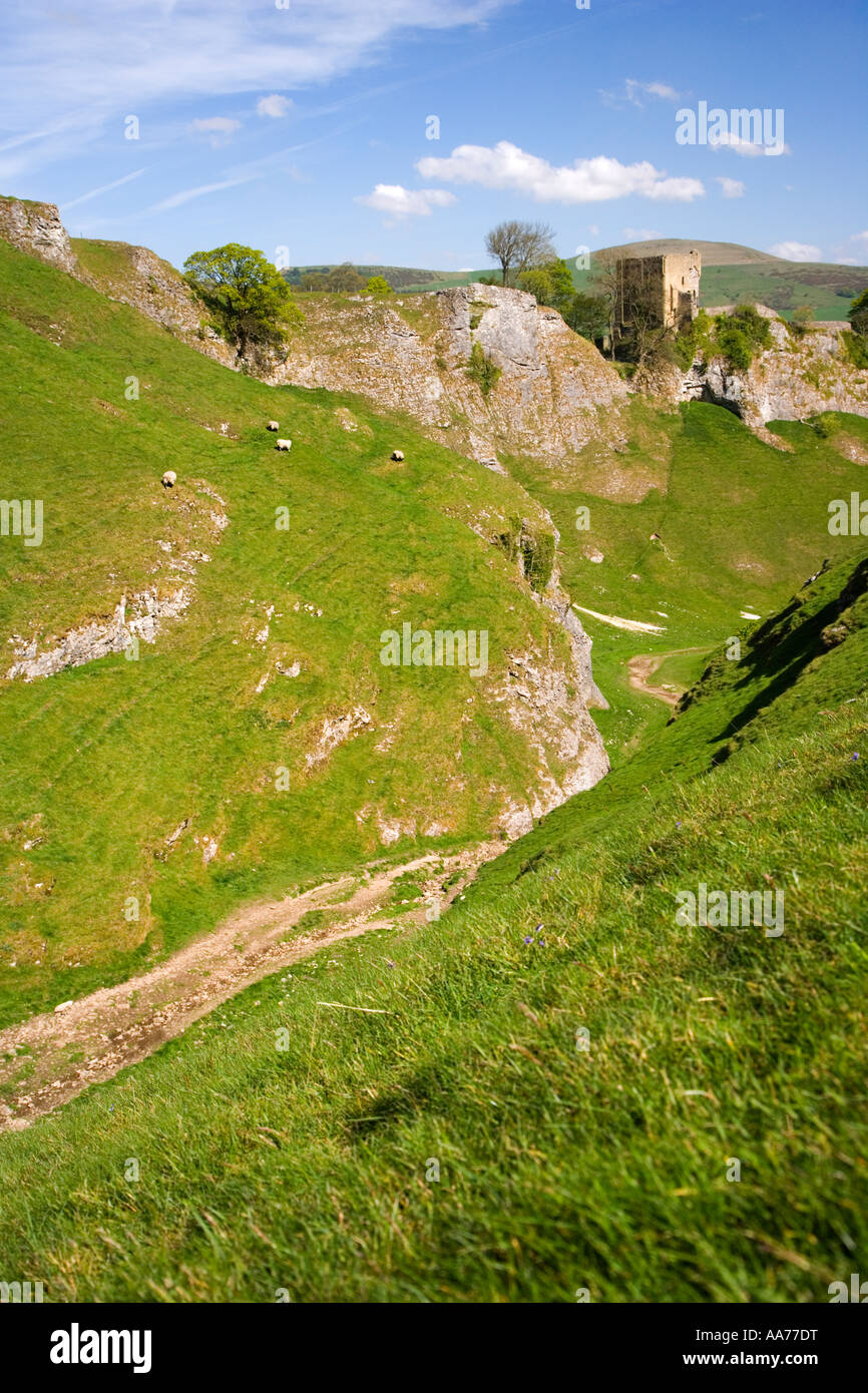 View of the keep at Peveril Castle above CaveDale at Castleton in the ...