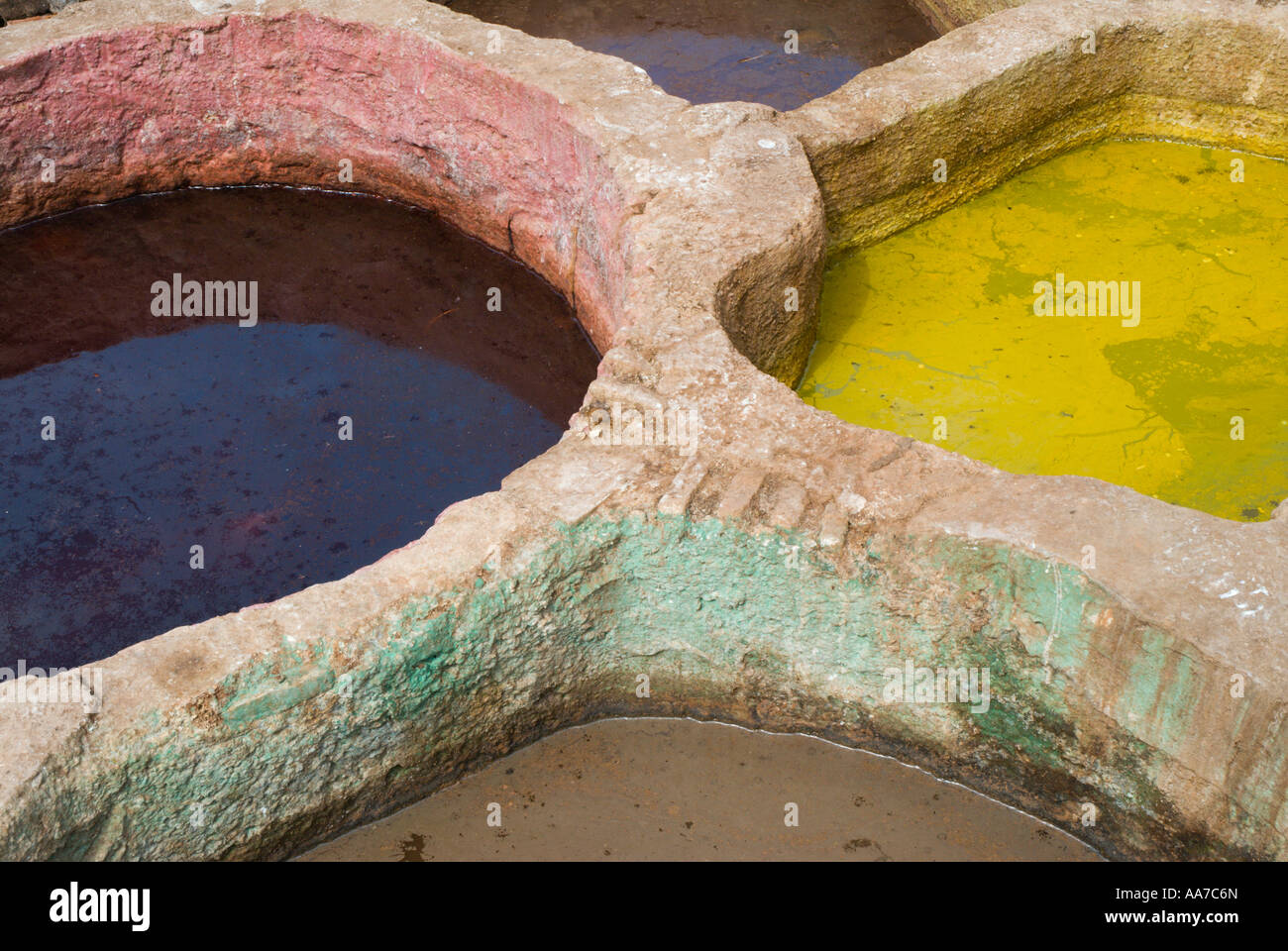 Pools of bright coloured dye at the tanneries, Fez, Morocco Stock Photo ...