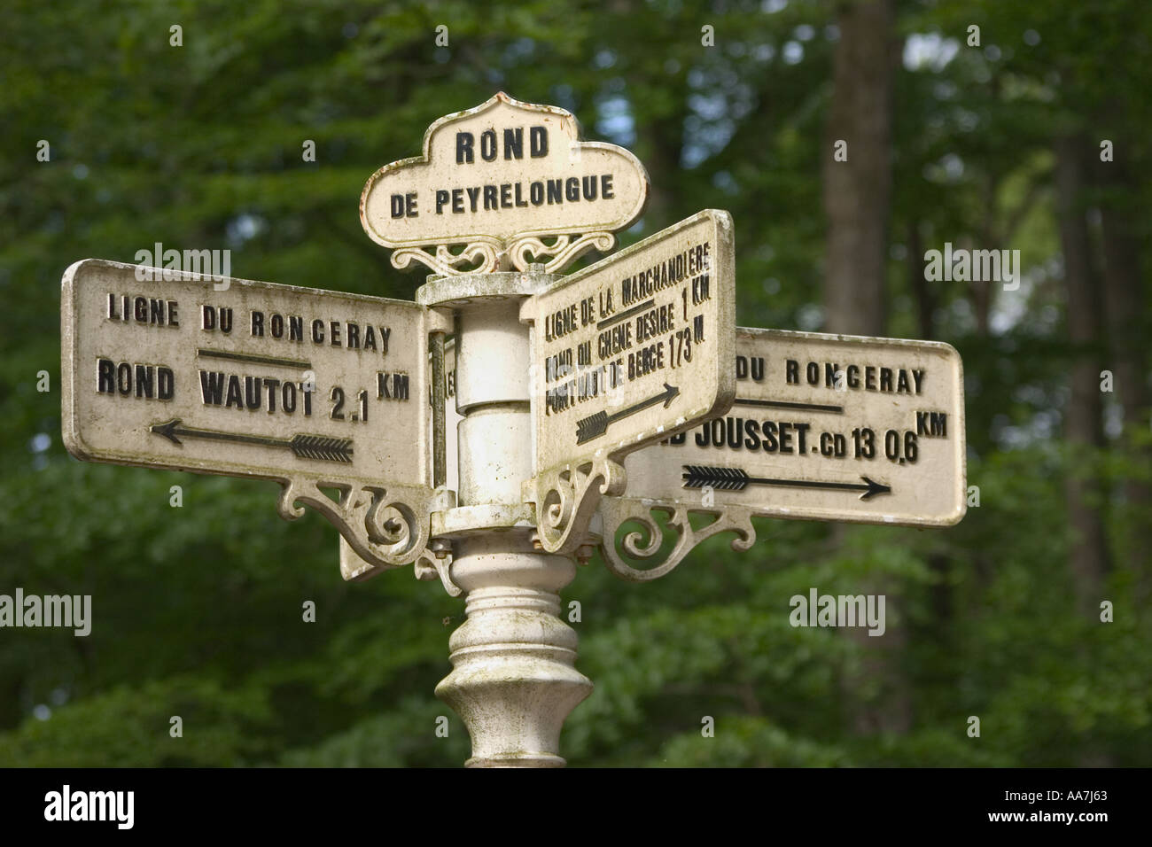 Traditional French road sign in he Forest de Bercé in Sarthe Stock ...