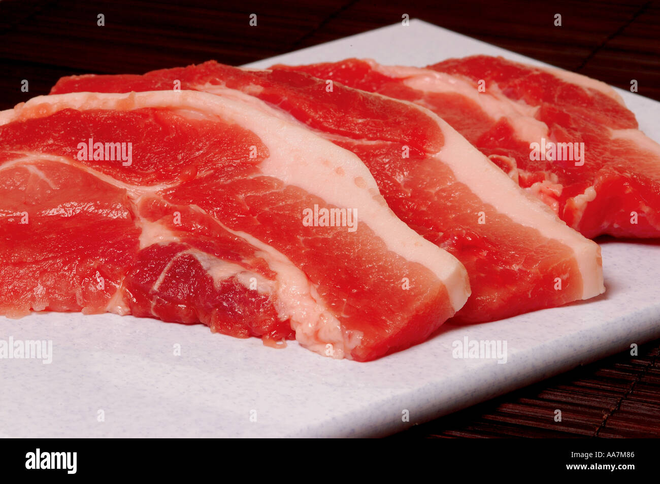 Close up of raw Pork Chops meat on Display at a Butchers shop store ...