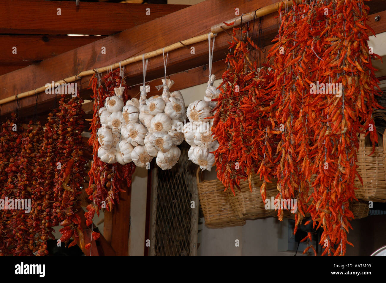 Strings of chilli chili peppers chillies chilies and bulbs of garlic ...