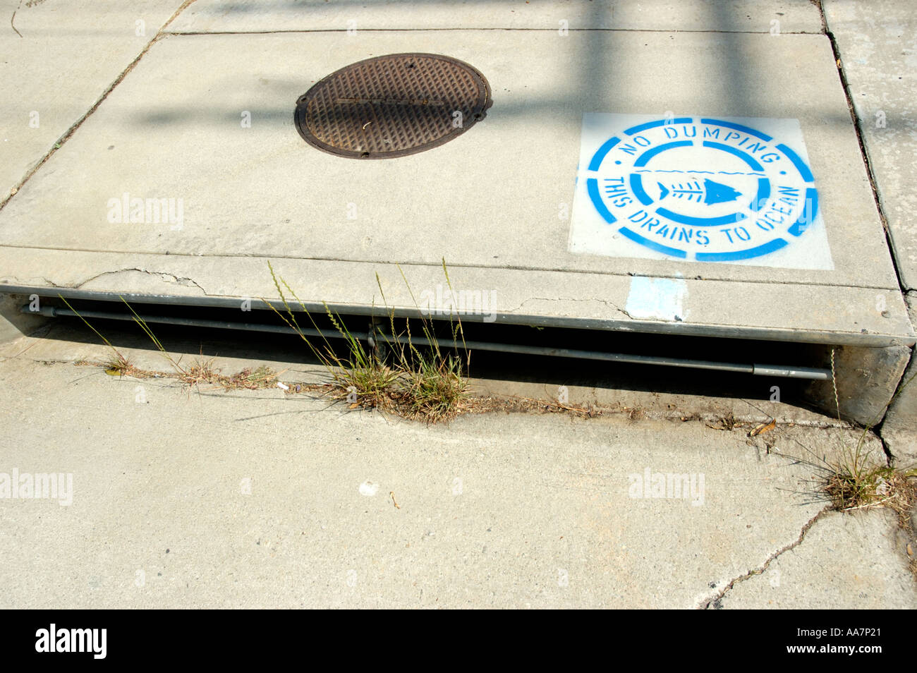 Water drain with warning Stock Photo - Alamy