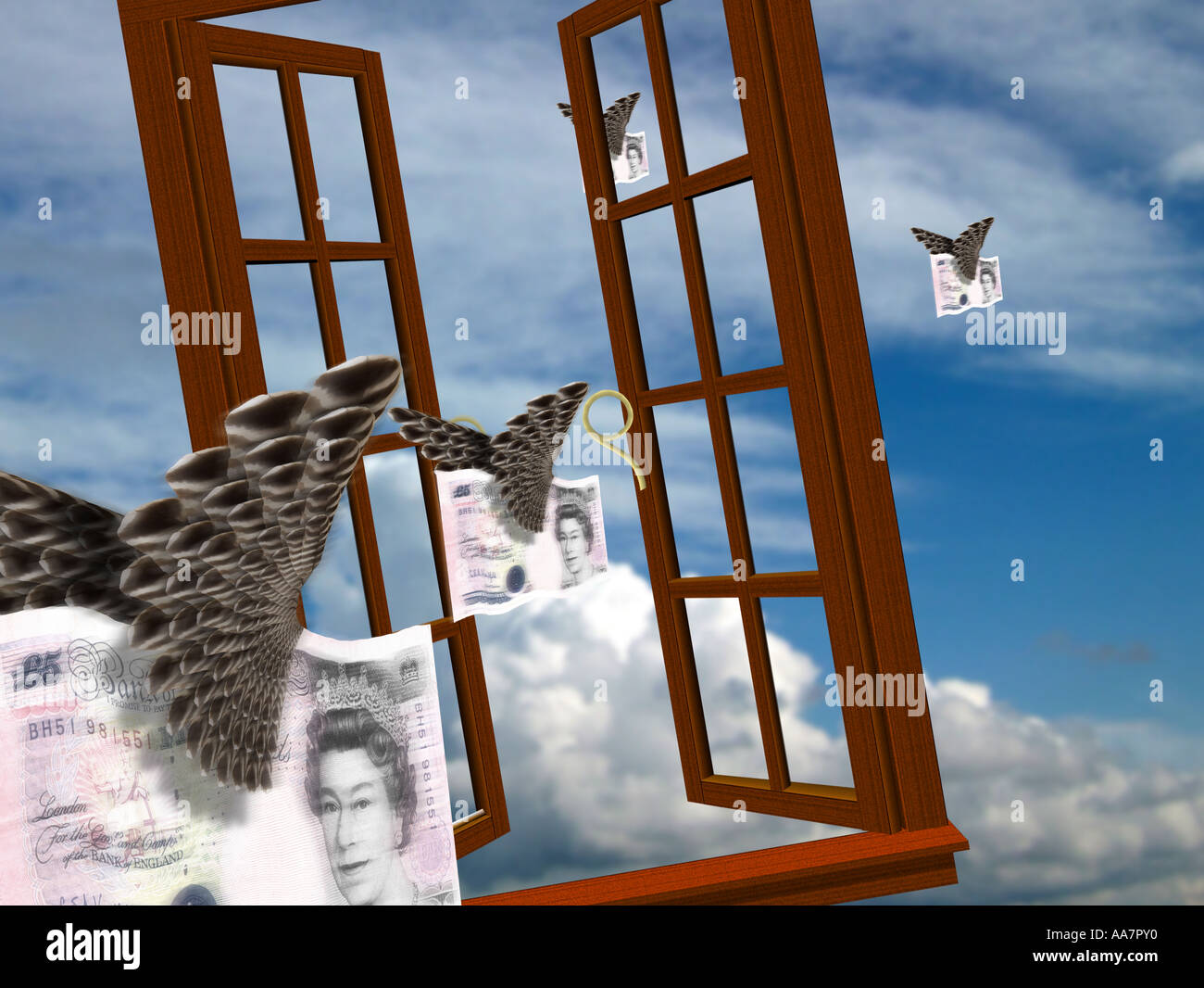 British pounds flying out the window Stock Photo - Alamy