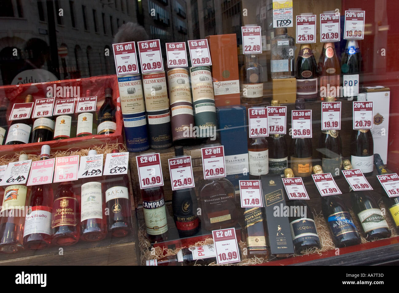 Off Licence Window display of bottles of alcohol and spirits Stock ...