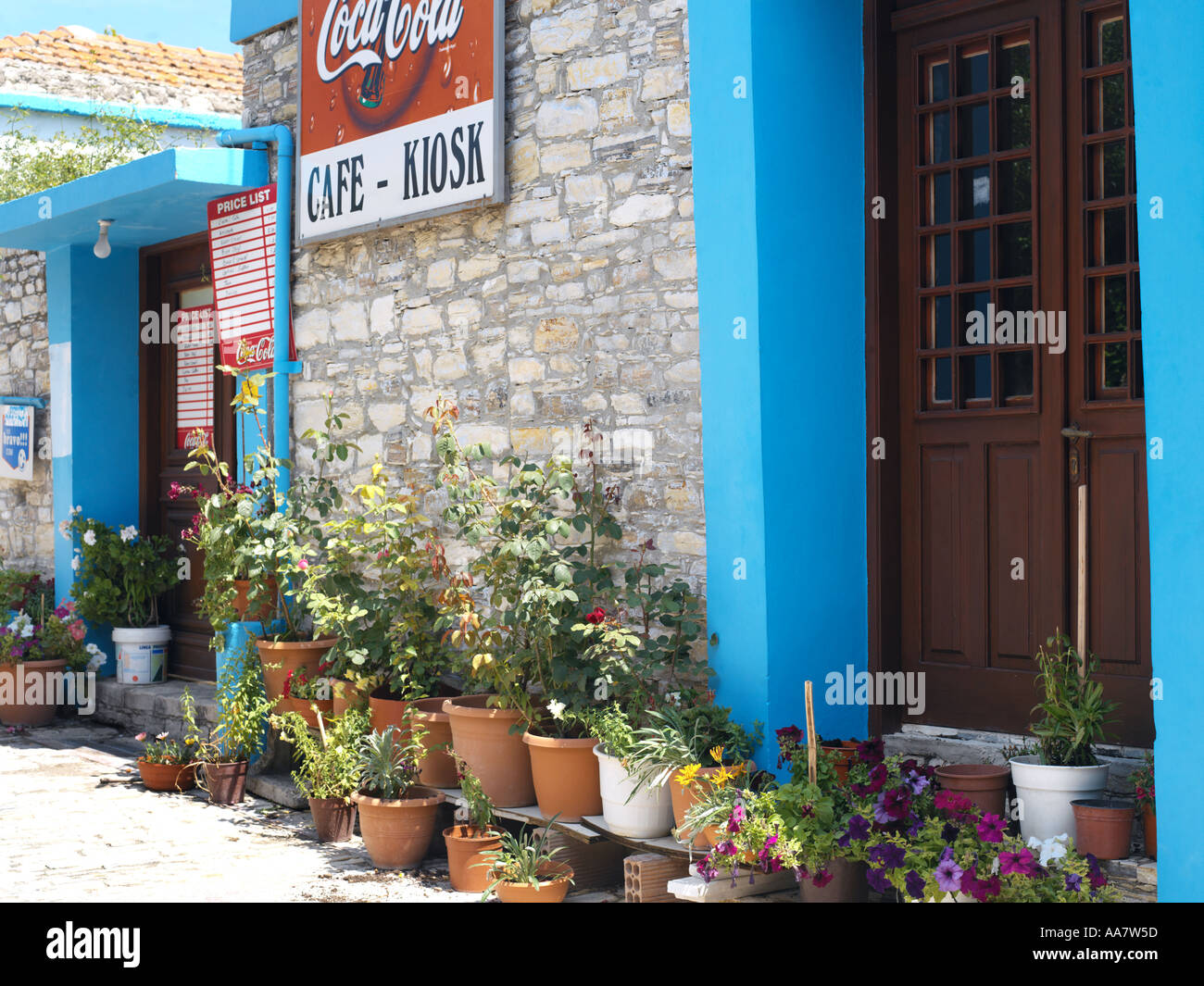 Lefkara Cyprus Street Scene with Coca Cola Sign Flower Pots Stock Photo ...
