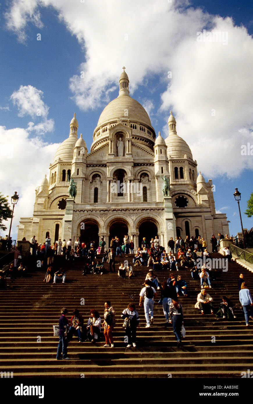 Paris Sacre Coeur Basilica front steps with tourists in Montmartre La ...
