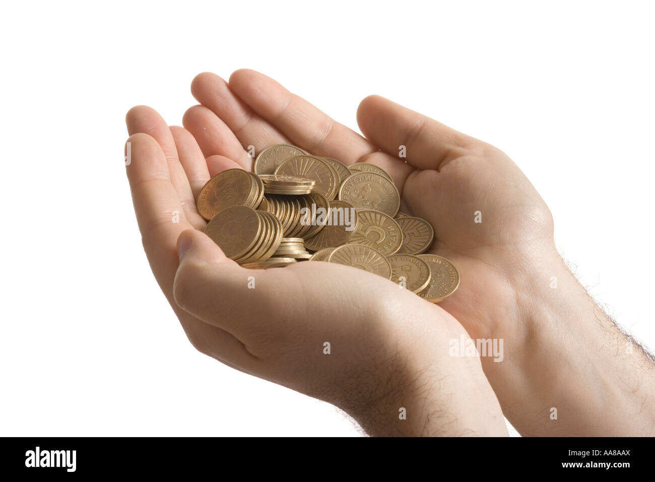 Person holding coins in his two hands Stock Photo - Alamy