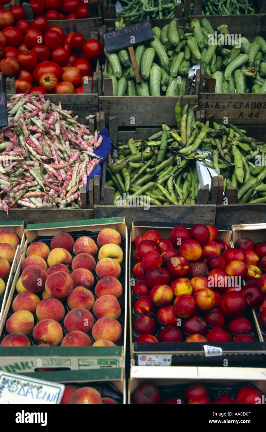 Organically grown fruit and vegetables in a market stall unpriced Stock ...