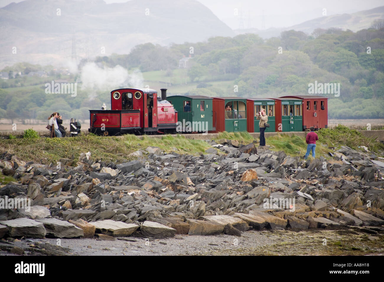 Narrow gauge steam train called Prince crossing the cob in North Wales ...